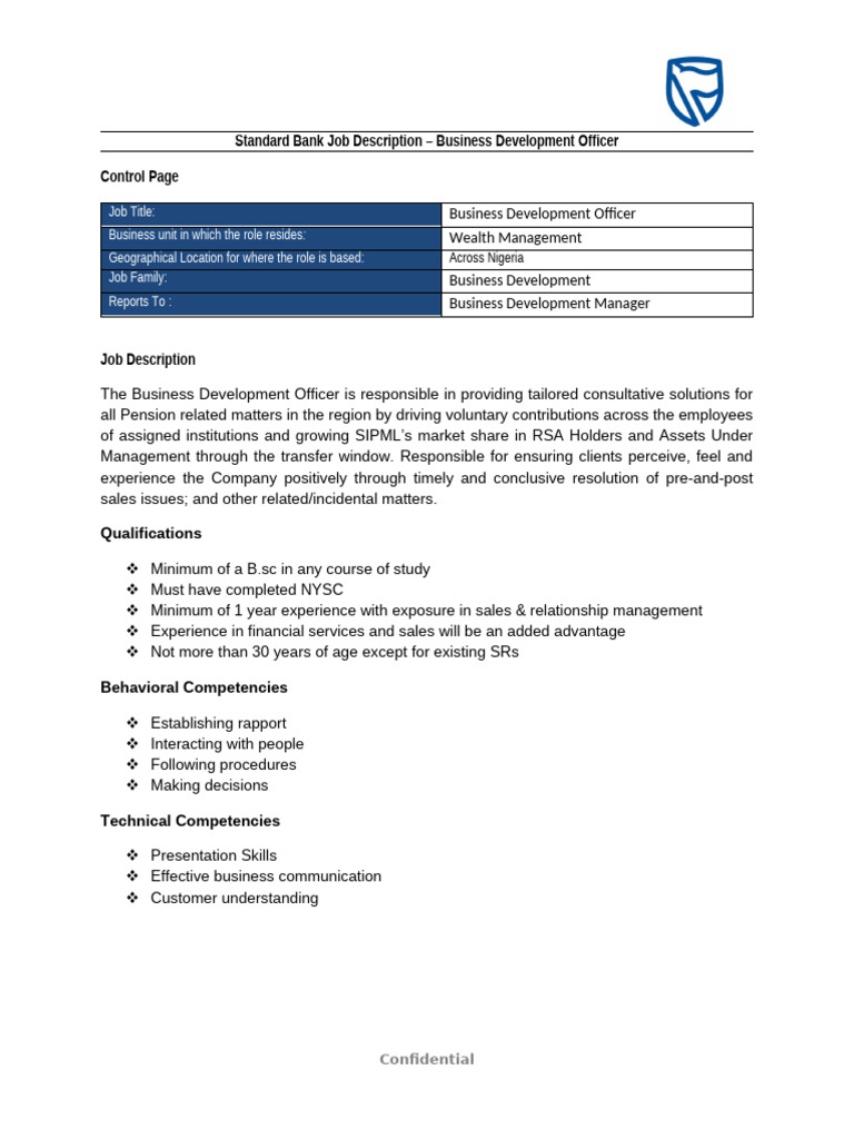 Standard Bank Job Description - Business Development Officer | PDF