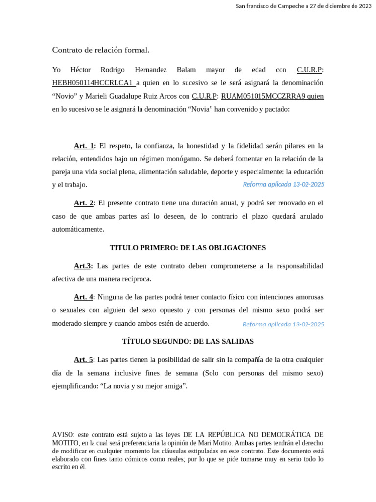 Contrato de Relación Formal y Cómica | PDF
