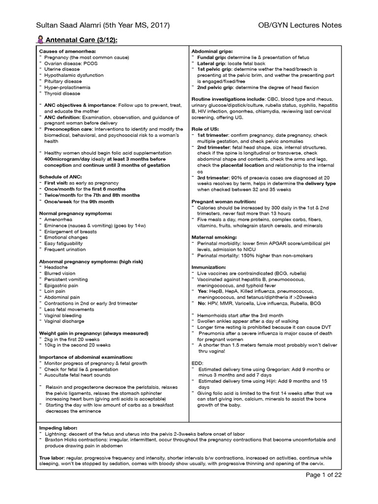 5th Year Ob - Gyn Notes (Ob - Gyn I) | PDF | Miscarriage | Childbirth