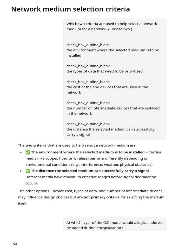 Network Medium Selection Criteria | PDF | Computer Network | Ip Address