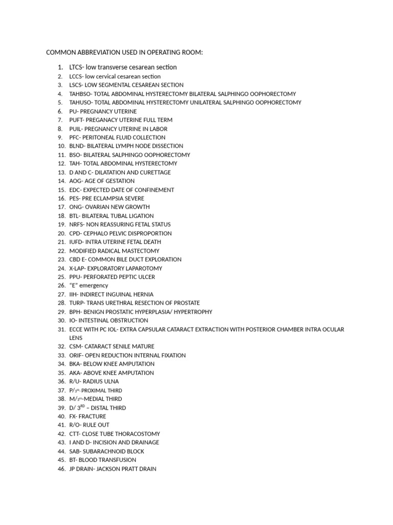 Operating Room Abbreviations Guide | PDF