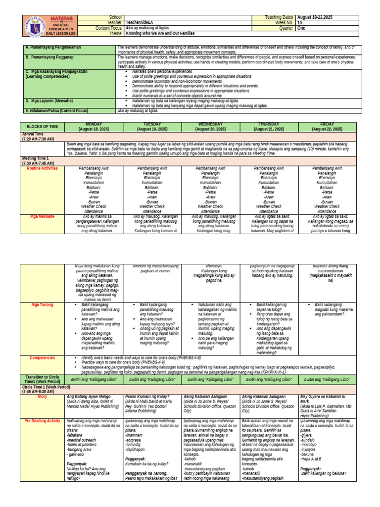 Kinder DLL - Week 10.matatag Curriculum | PDF