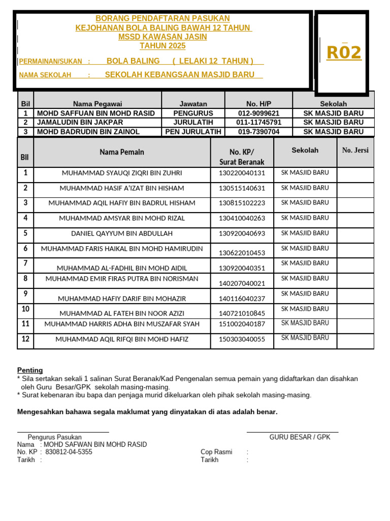 r02 Borang Pendaftaran Pasukan Sek Rendah | PDF