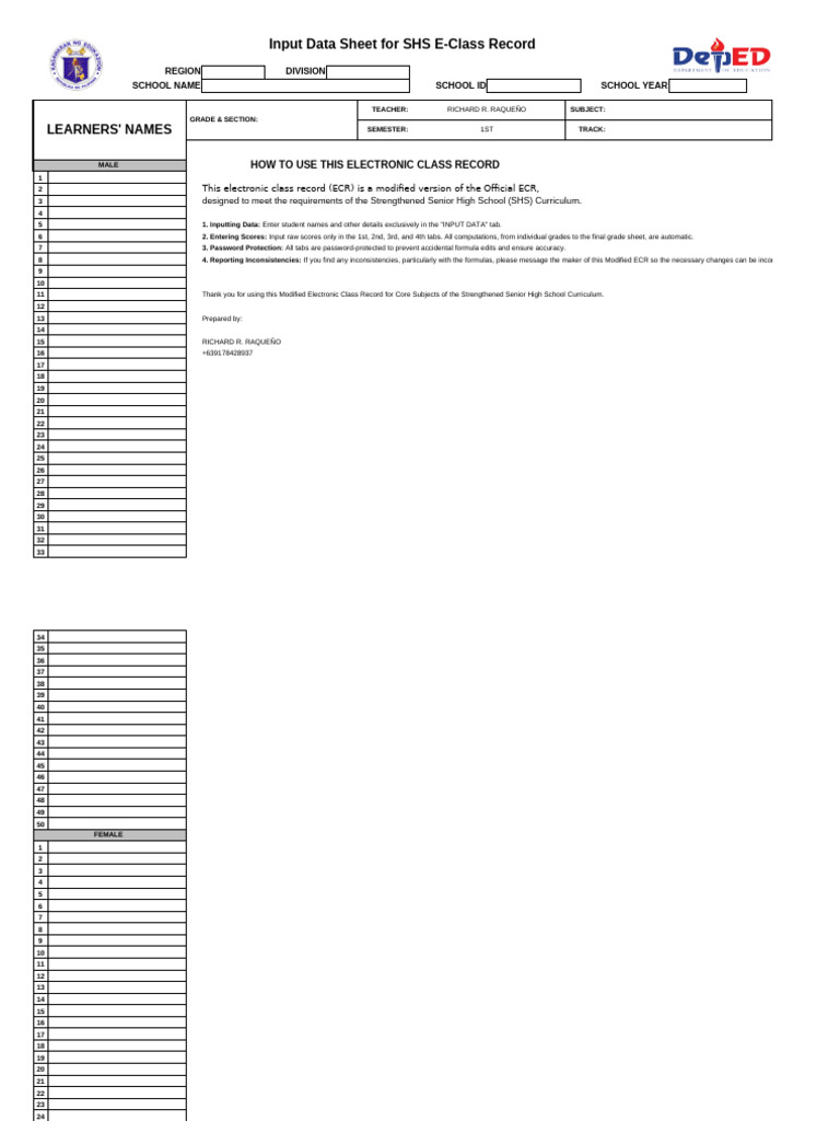 Senior High School E-Class Record Guide | PDF