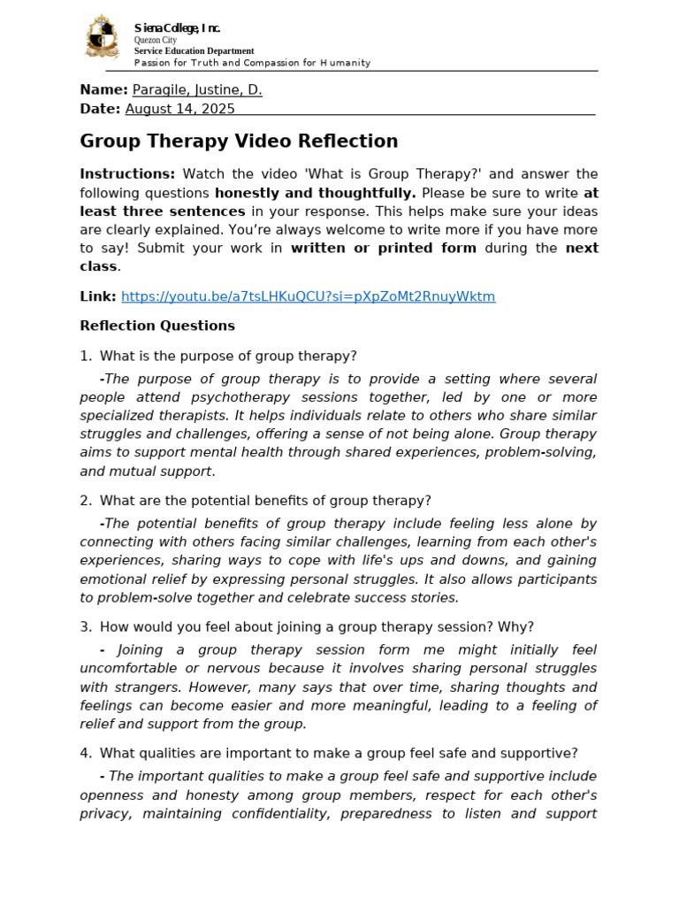 Group Therapy Reflection and Insights | PDF | Group Psychotherapy ...