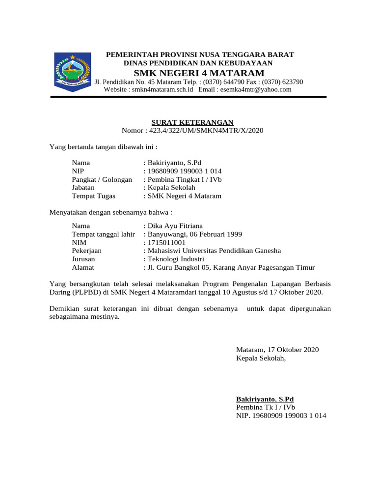 Surat Keterangan PLPBD Dika Ayu Fitriana | PDF