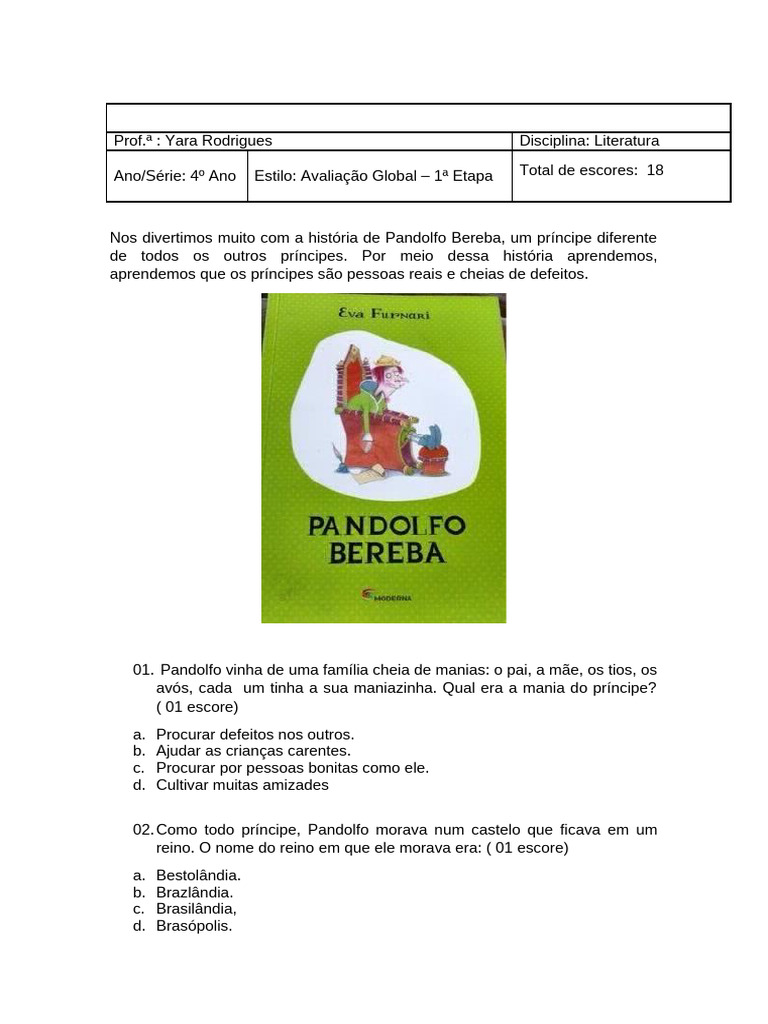 Avaliação de Literatura: Pandolfo Bereba | PDF