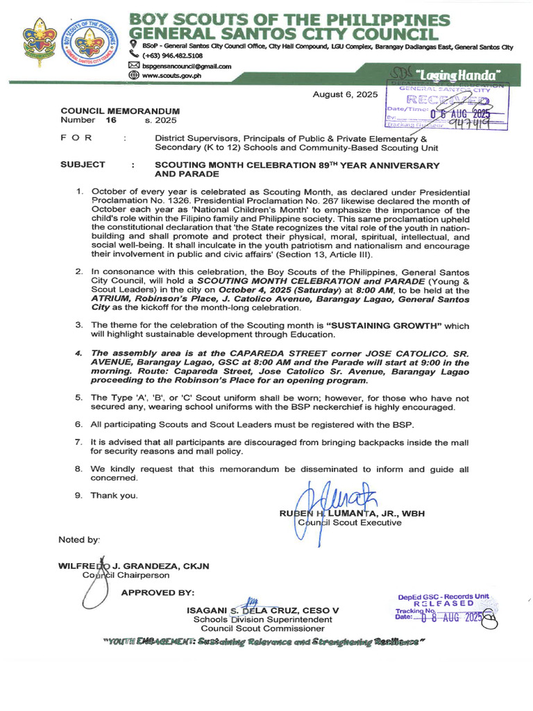 BSP Council Memo No. 16, S. 2025 - Scouting Month Celebration 89th Year Anniversary and Parade | PDF