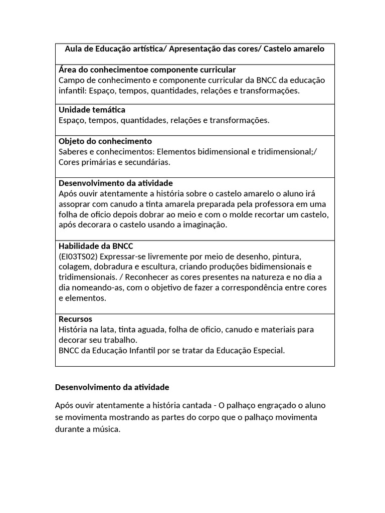 Atividades Artísticas com o Castelo Amarelo | PDF