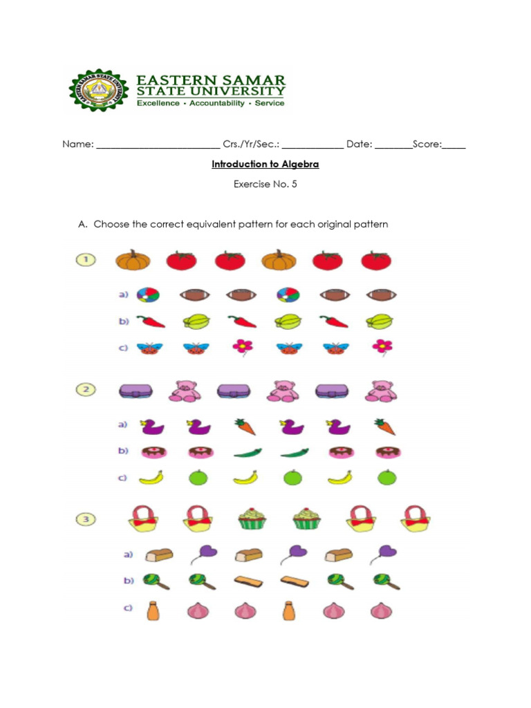 Algebra Exercise: Solving Patterns and Equations | PDF