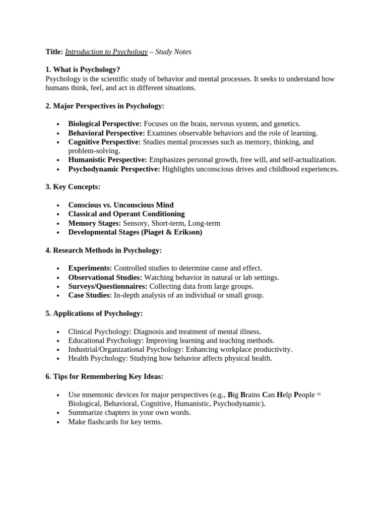 Psychology Study Notes Overview | PDF