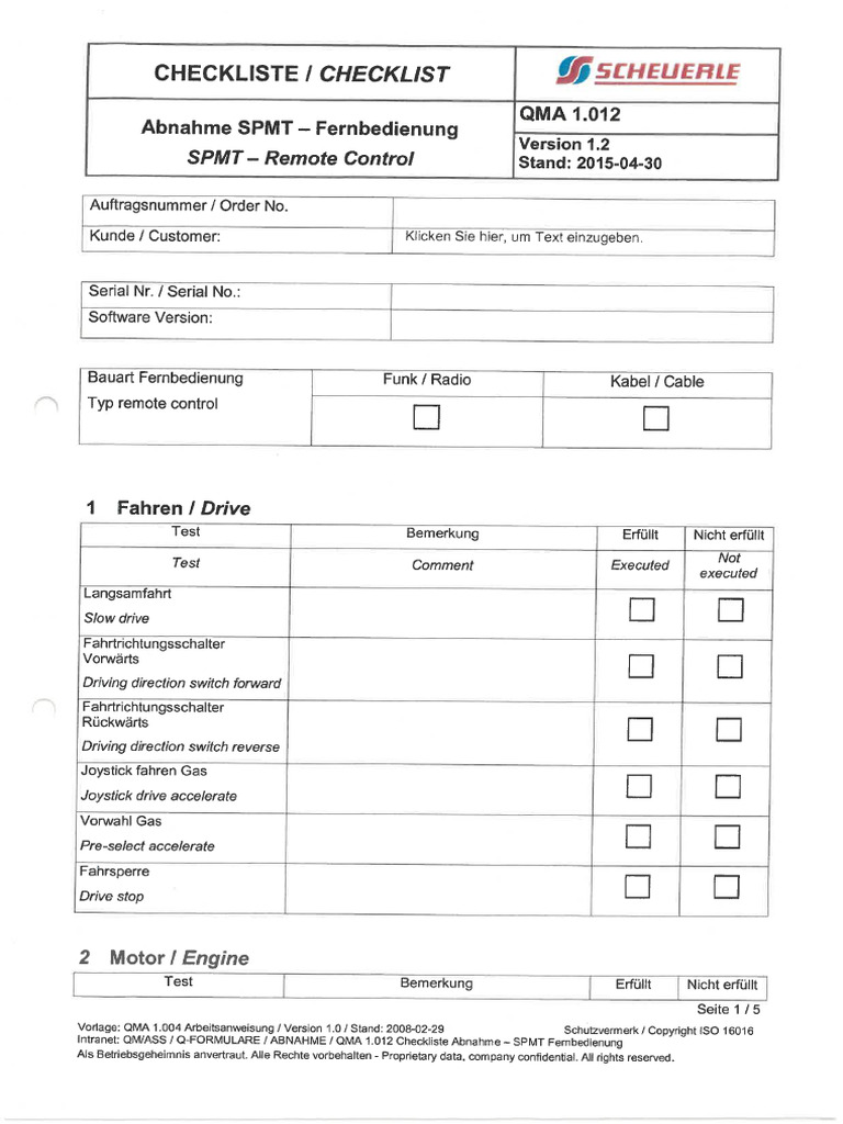 Scheuerle Remote Control Checklist | PDF