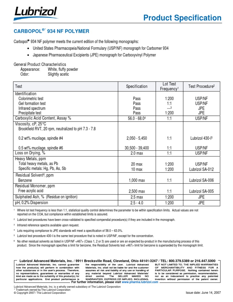 Carbopol_934_ficha tecnica | Chemical Substances | Chemistry
