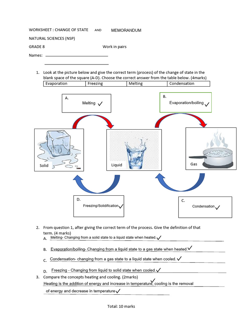 Grade 8 Change of State Worksheet | PDF | Liquids | Freezing