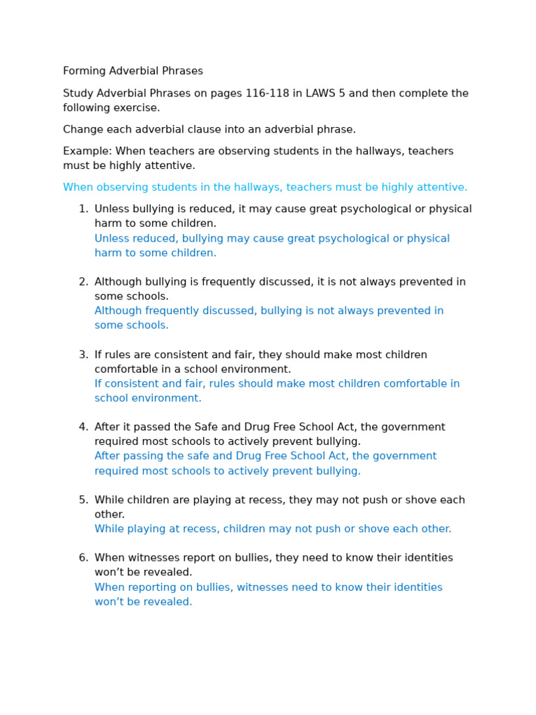 Adverbial Phrases and Dangling Modifiers | PDF | Bullying | Syntax
