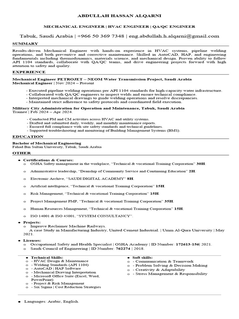 ENG Abdullah Alqarni CV | PDF | Vocational Education | Mechanical Engineering