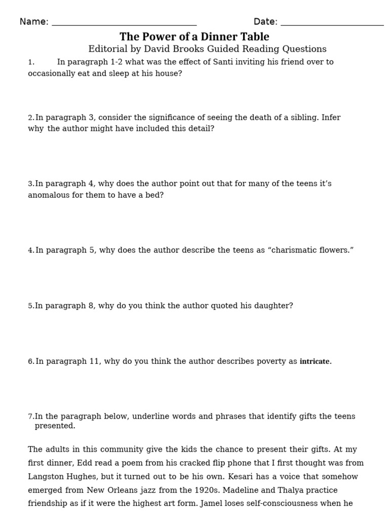 Guided Questions for "The Power of a Dinner Table" | PDF