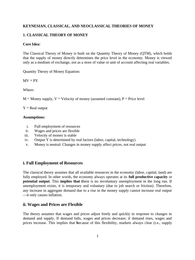 Theories of Money: Classical, Keynesian, Neoclassical | PDF | Quantity ...