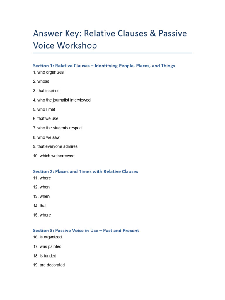 Relative Clauses and Passive Workshop Answer Key | PDF