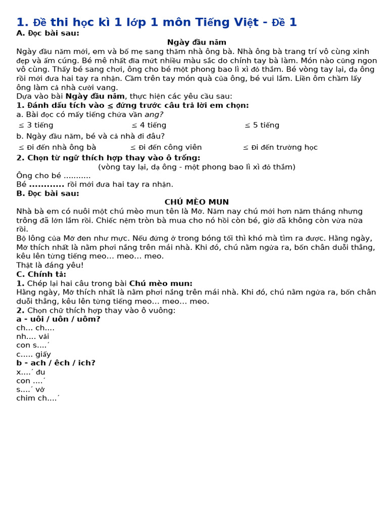 De Thi Tieng Viet HK 1 | PDF