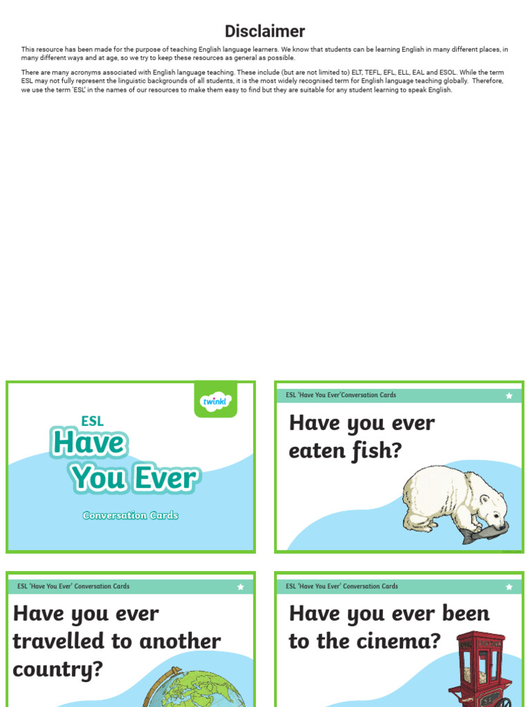 ESL 'Have You Ever' Conversation Cards | PDF | English As A Second Or ...