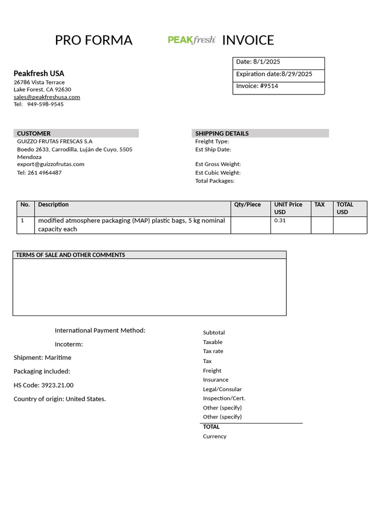Invoice for Peakfresh USA Shipment | PDF