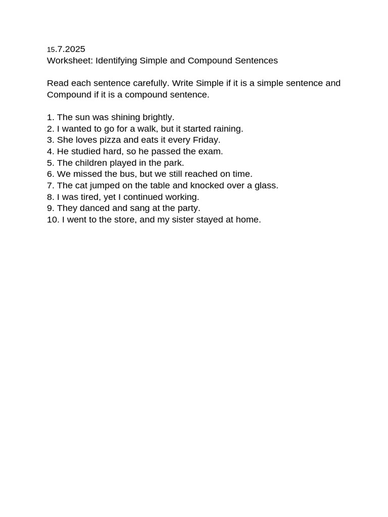 Grade 7 Simple and Compound Sentences Worksheet | PDF