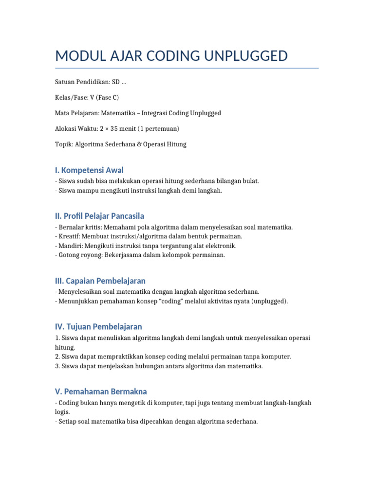 Modul Ajar Coding Unplugged Matematika Kelas5 | PDF