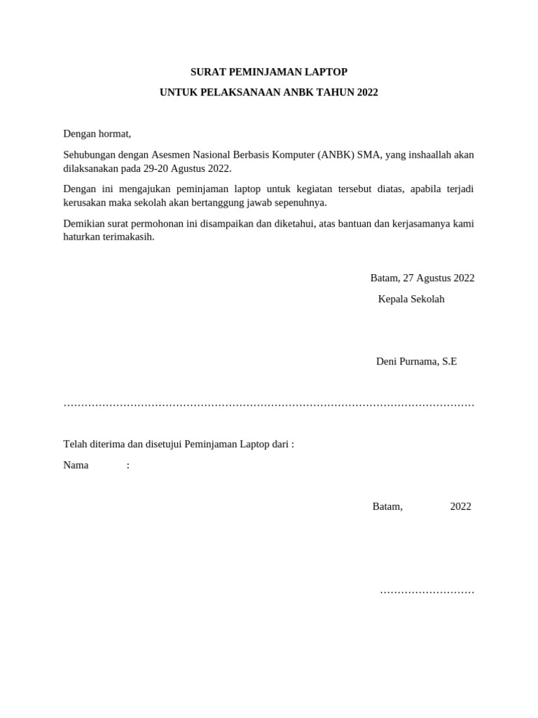 Surat Peminjaman Laptop ANBK 2022 | PDF