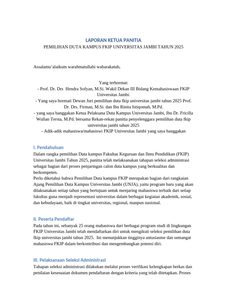 Laporan Ketua Panitia Duta FKIP UNJA 2025 Revisi Pantun | PDF