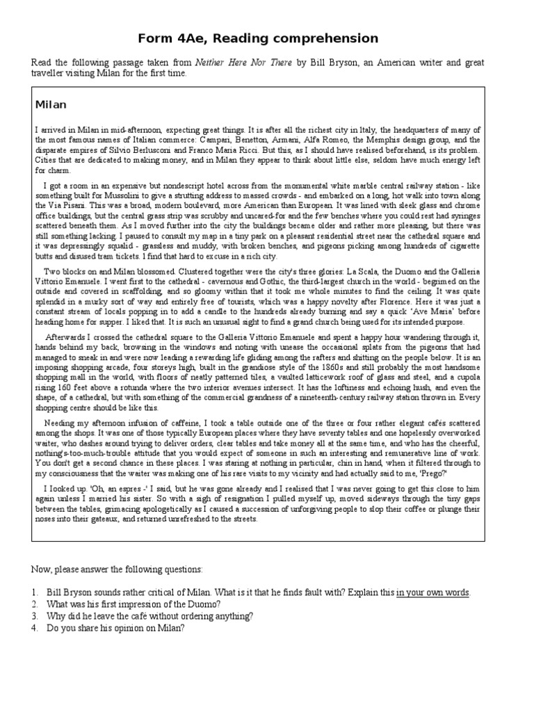 Neither Here Nor There Reading Comprehension Pdf Milan