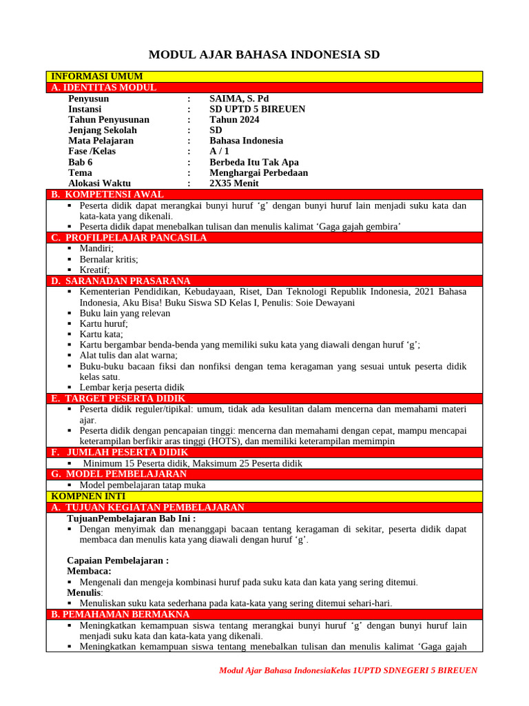 Modul Ajar Bahasa Indonesia Kelas 1 | PDF