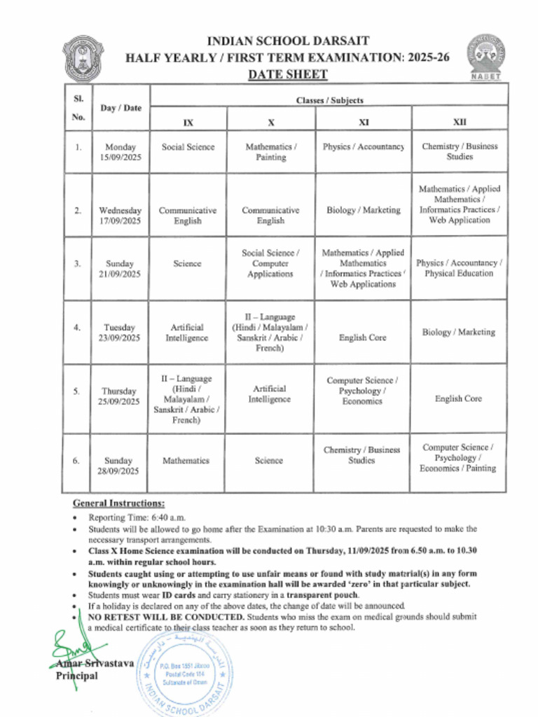 IX To XII - Date Sheet - Half Yearly - First Term Exam | PDF