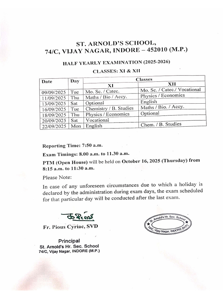 Time Table Half Yearly Xi & Xii 2025-26 | PDF