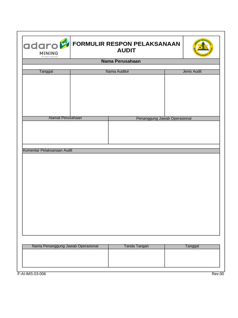 F AI IMS 03 006 Formulir Respon Pelaksanaan Audit | PDF