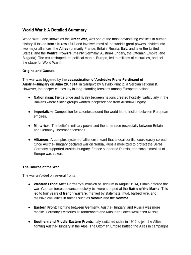 World War I - A Detailed Summary | PDF | German Empire | World War I