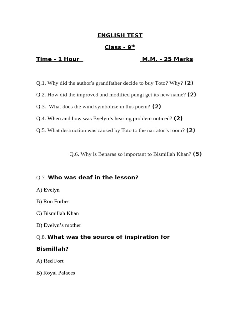 Class 9 English Test Questions | PDF