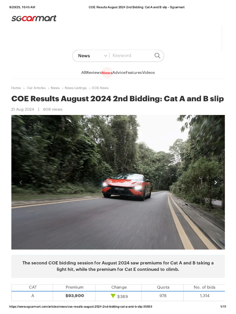 11 - COE Results August 2024 2nd Bidding - Cat A and B Slip - Sgcarmart ...