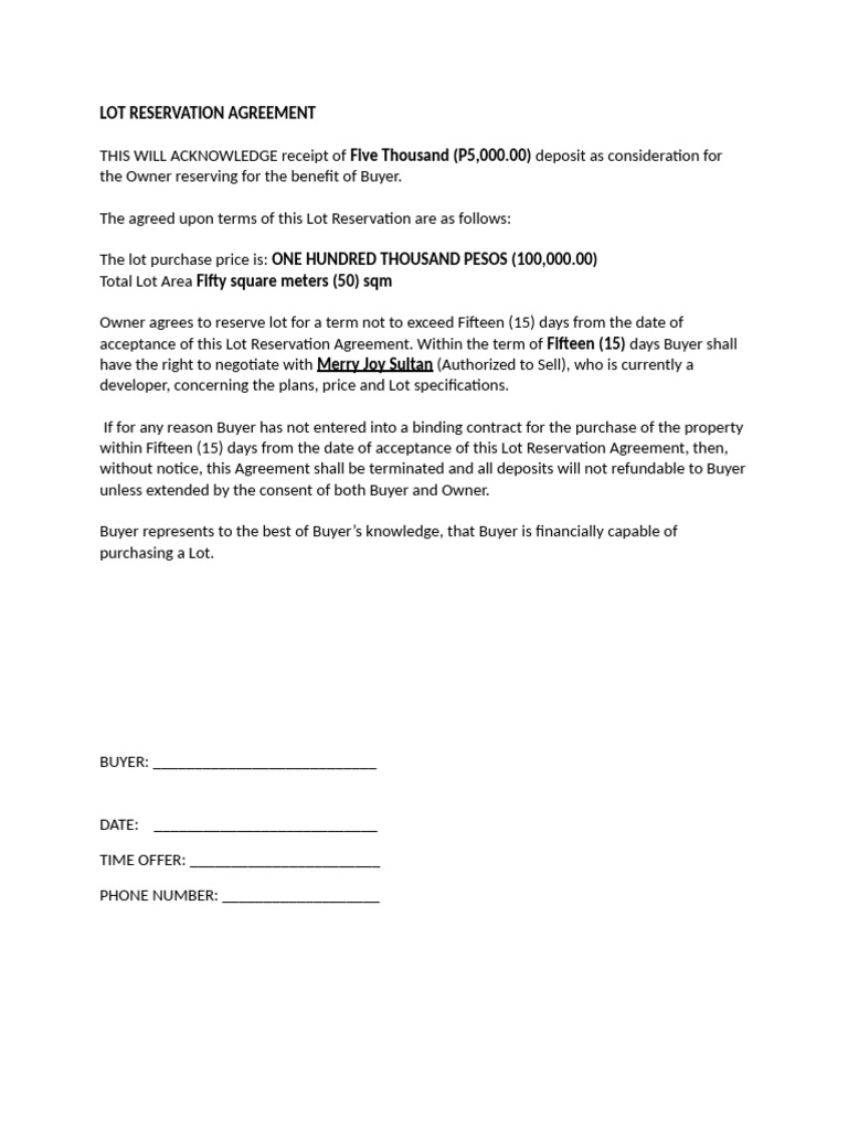 Lot Reservation Agreement Details | PDF