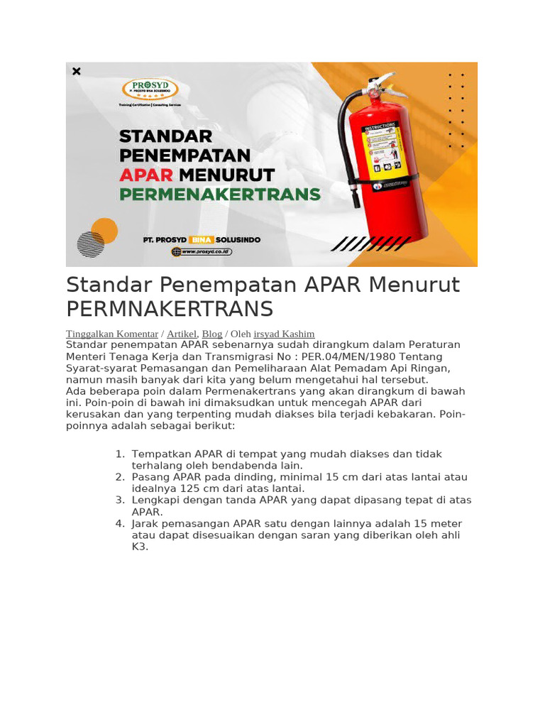 Standar Penempatan APAR Sesuai Permenaker | PDF