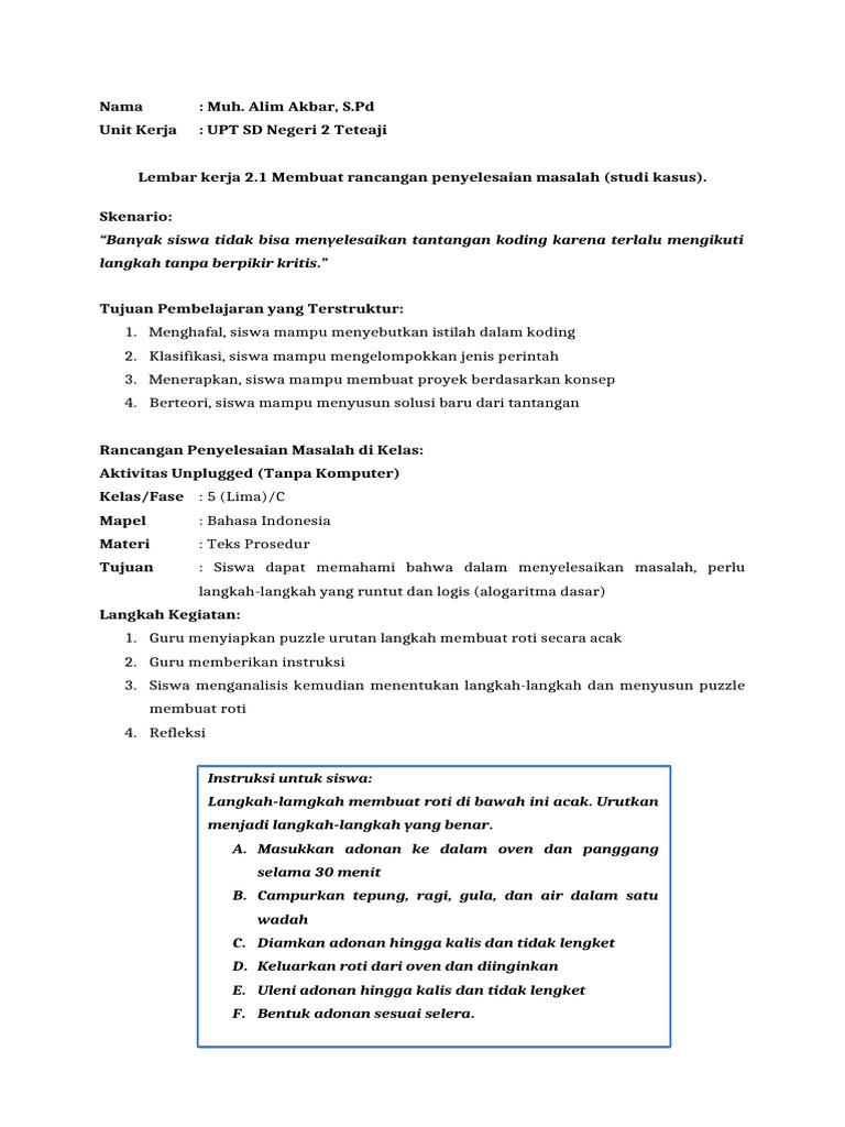 Modul 2 LK 2.1 Membuat Rancangan Penyelesaian Masalah (Studi Kasus) | PDF