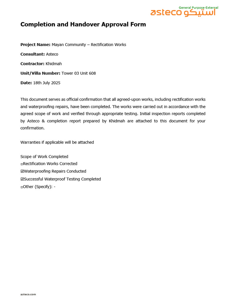 Completion and Handover Approval Form - Rectification Works Tower 03 Unit 608 | PDF