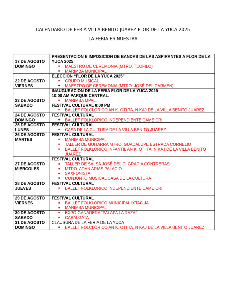 Calendario de Feria Villa Benito Juárez Flor de La Yuca 2025 | PDF