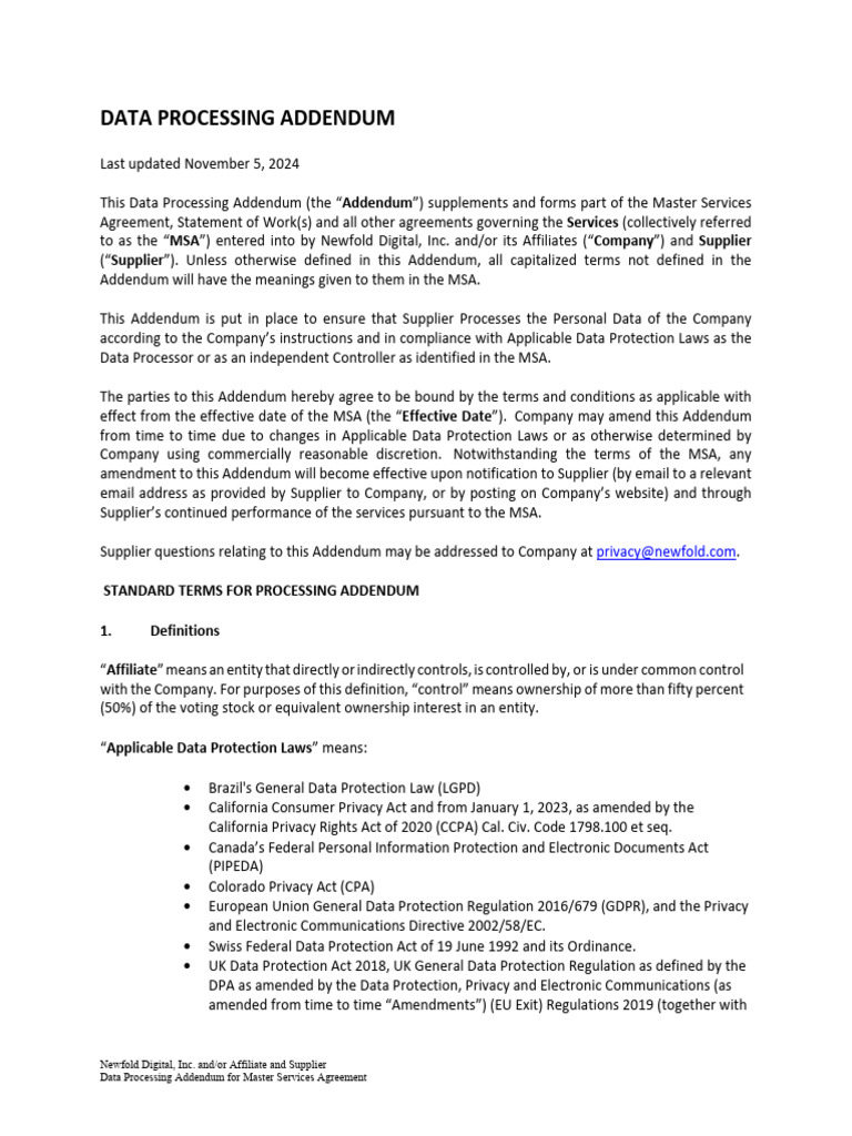 New Fold Vendor Data Processing Addendum | PDF | Information Privacy ...