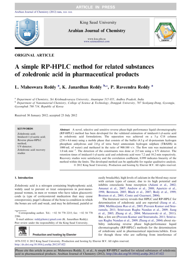 RP-HPLC Method for Zoledronic Acid Analysis | PDF | Detection Limit ...
