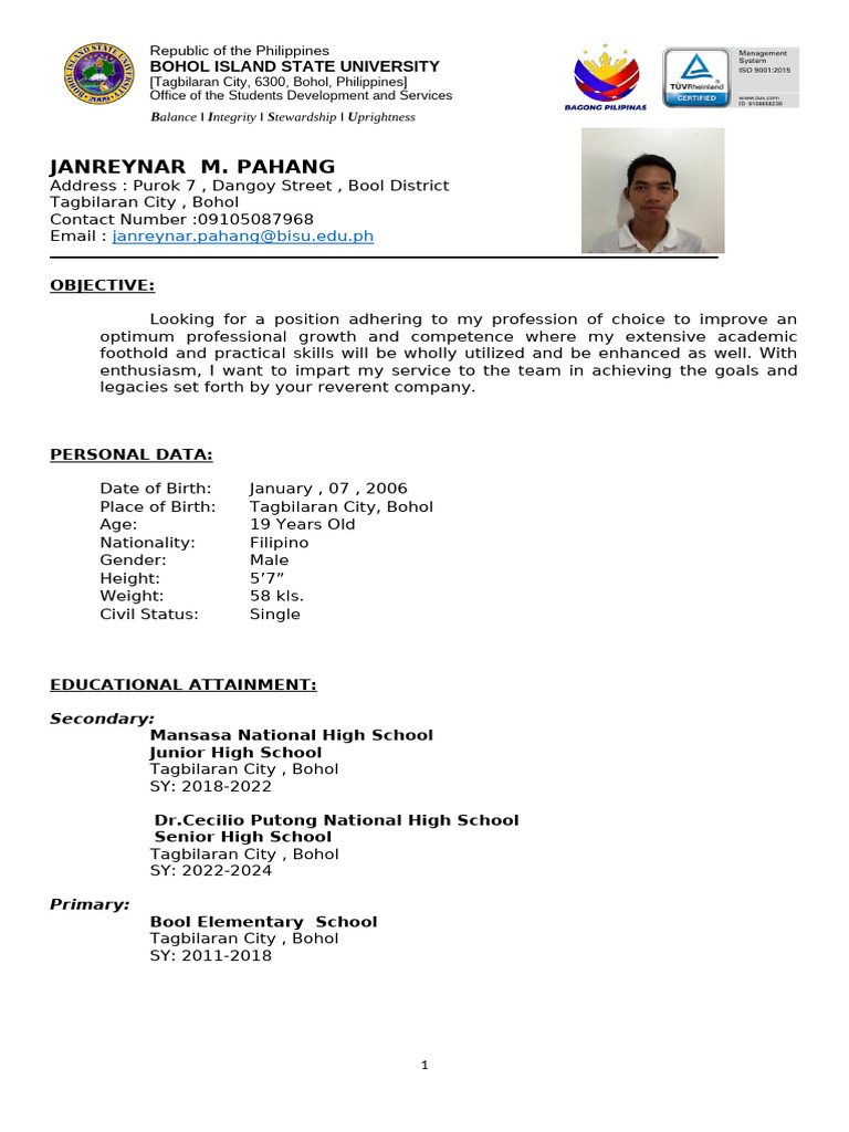 Janreynar Pahang's Resume and Skills | PDF