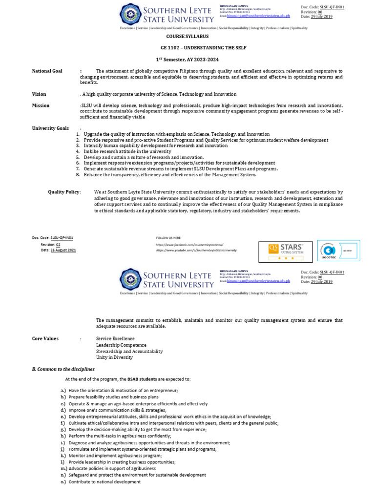 Course Syllabus: Understanding the Self | PDF | Self | Leadership