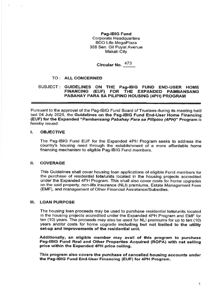 Circular No. 473 - Guidelines On The Pag-IBIG Fund End-User Home Financing (EUF) For The ...