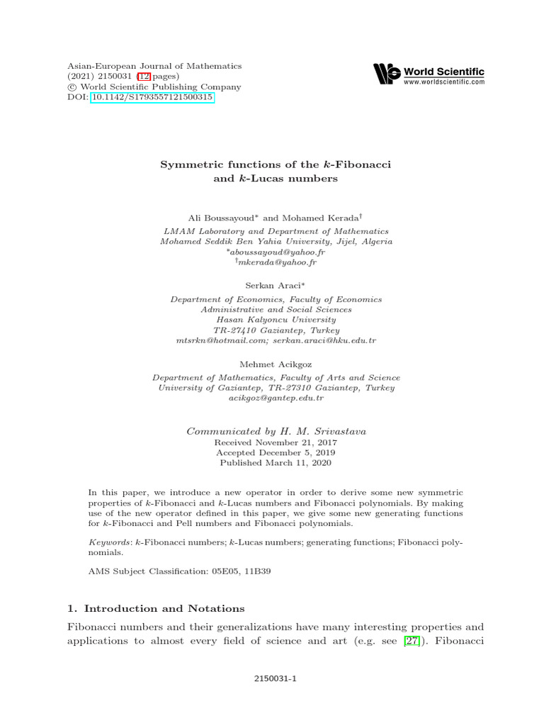 Symmetric Functions Fon K-Fibonacci and K-Lucas Numbers | PDF ...