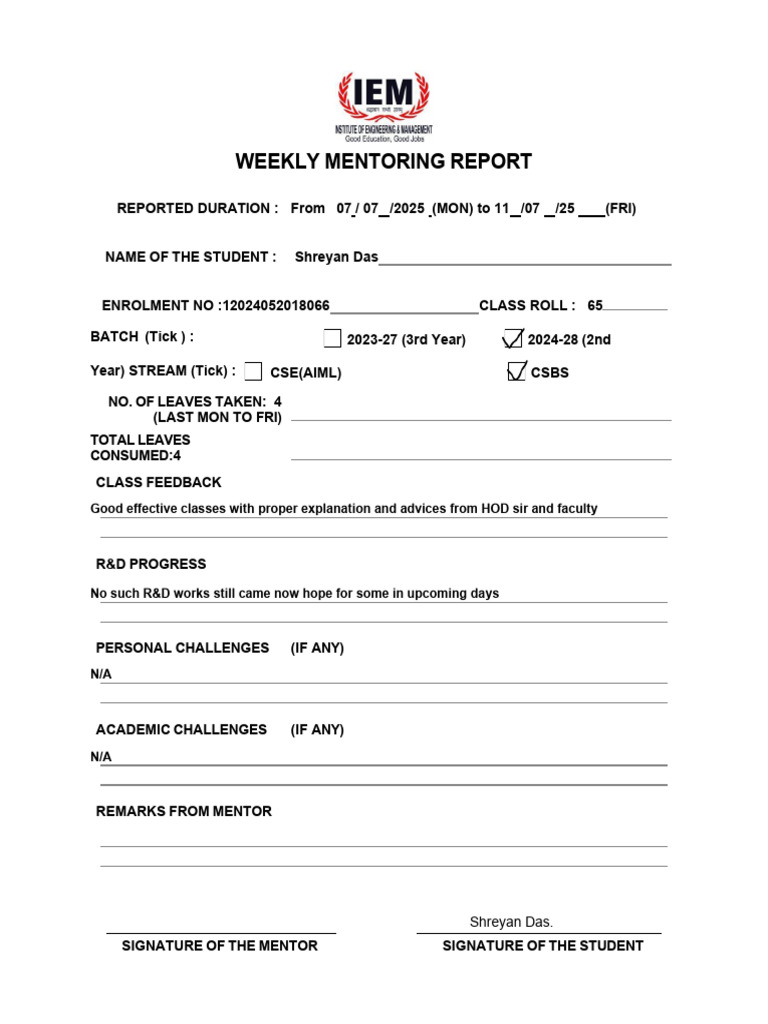 Weekly Student Mentoring Report | PDF